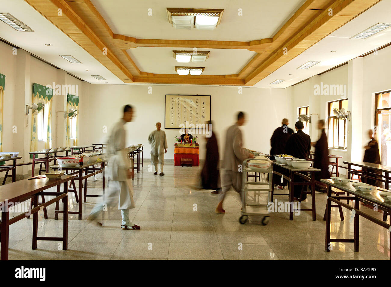 People at dining hall at the Buddhist College, Jiuhua Shan, Anhui ...