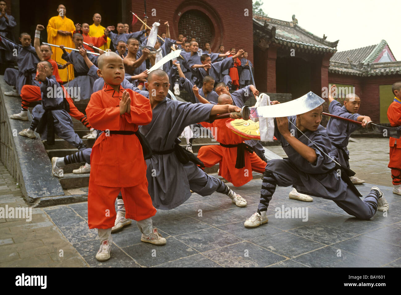 Shaolin Buddhist monks, Kung Fu students rehearsing for a performance ...