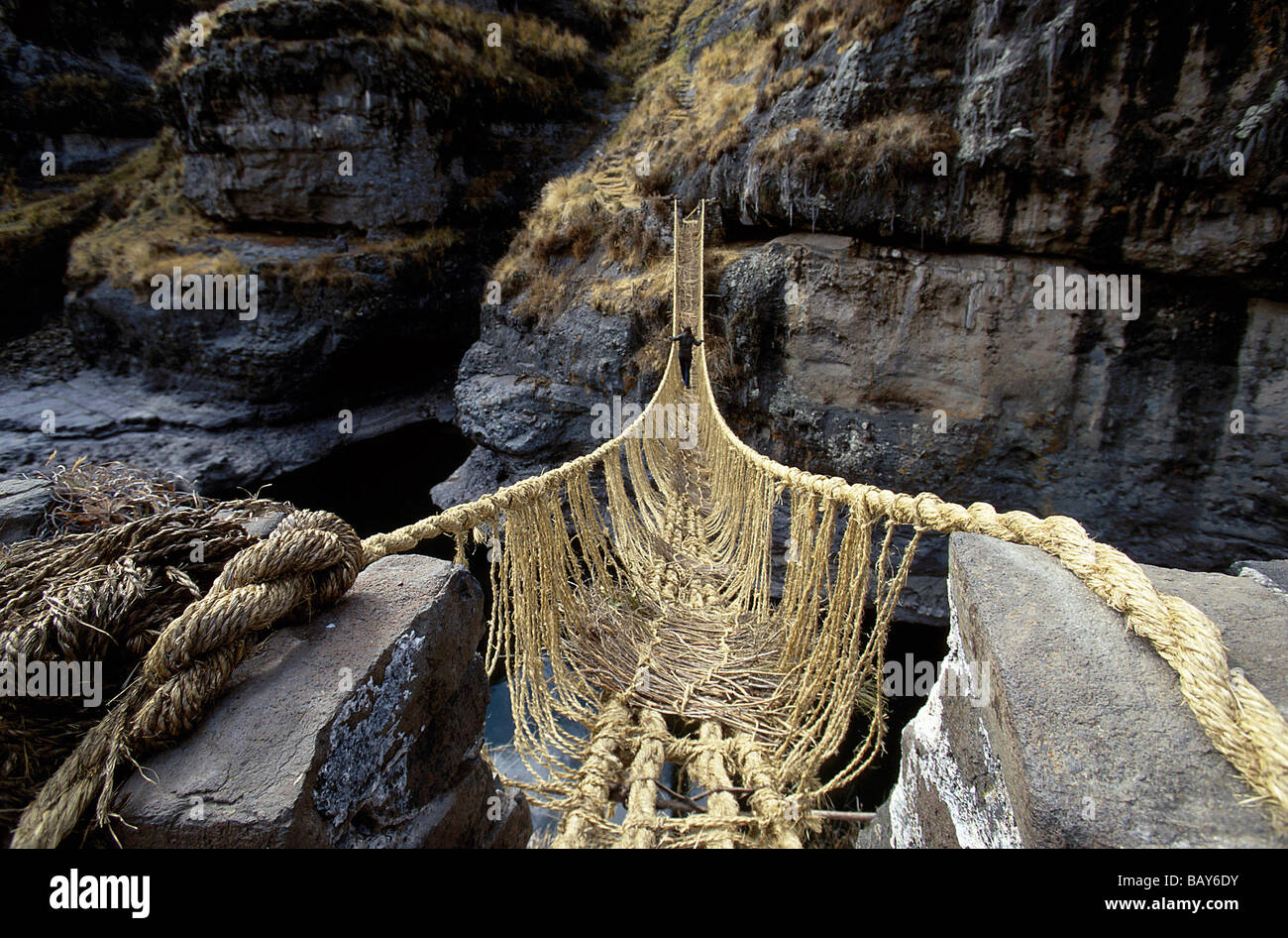 Hanging bridge over a river, Combapata, Rio Apurimac, Peru Stock Photo ...