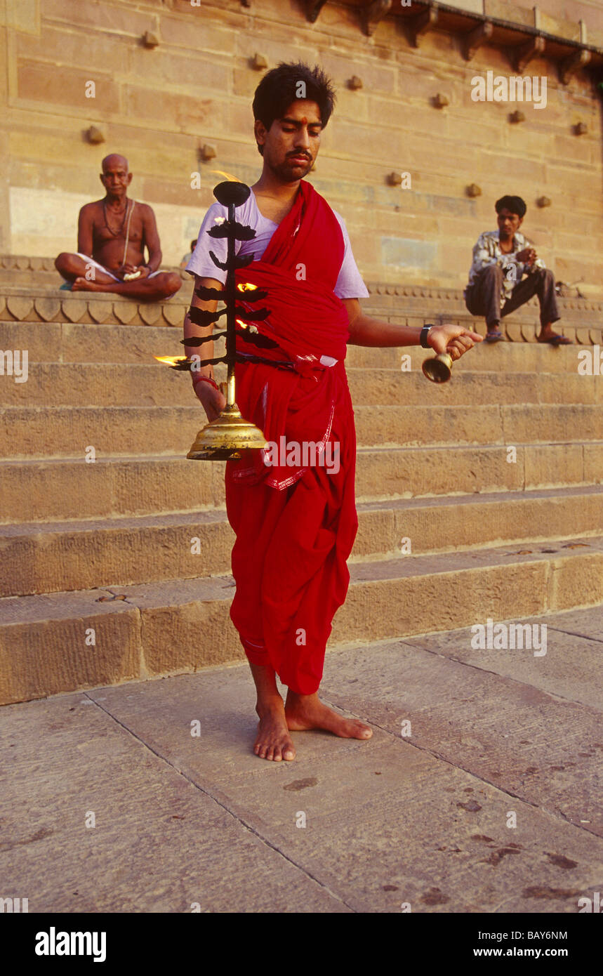Priest, sunrise pray, Ganges river, Varanasi, Benares, Uttar Pradesh ...
