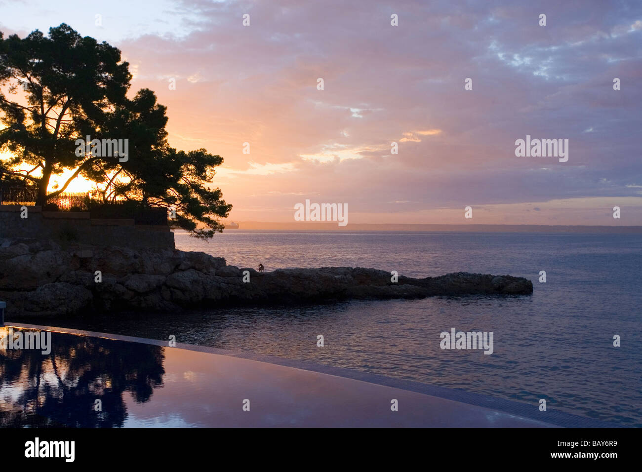 Hotel Maricel and swimming pool at sunrise, Palma, Majorca, Spain Stock ...