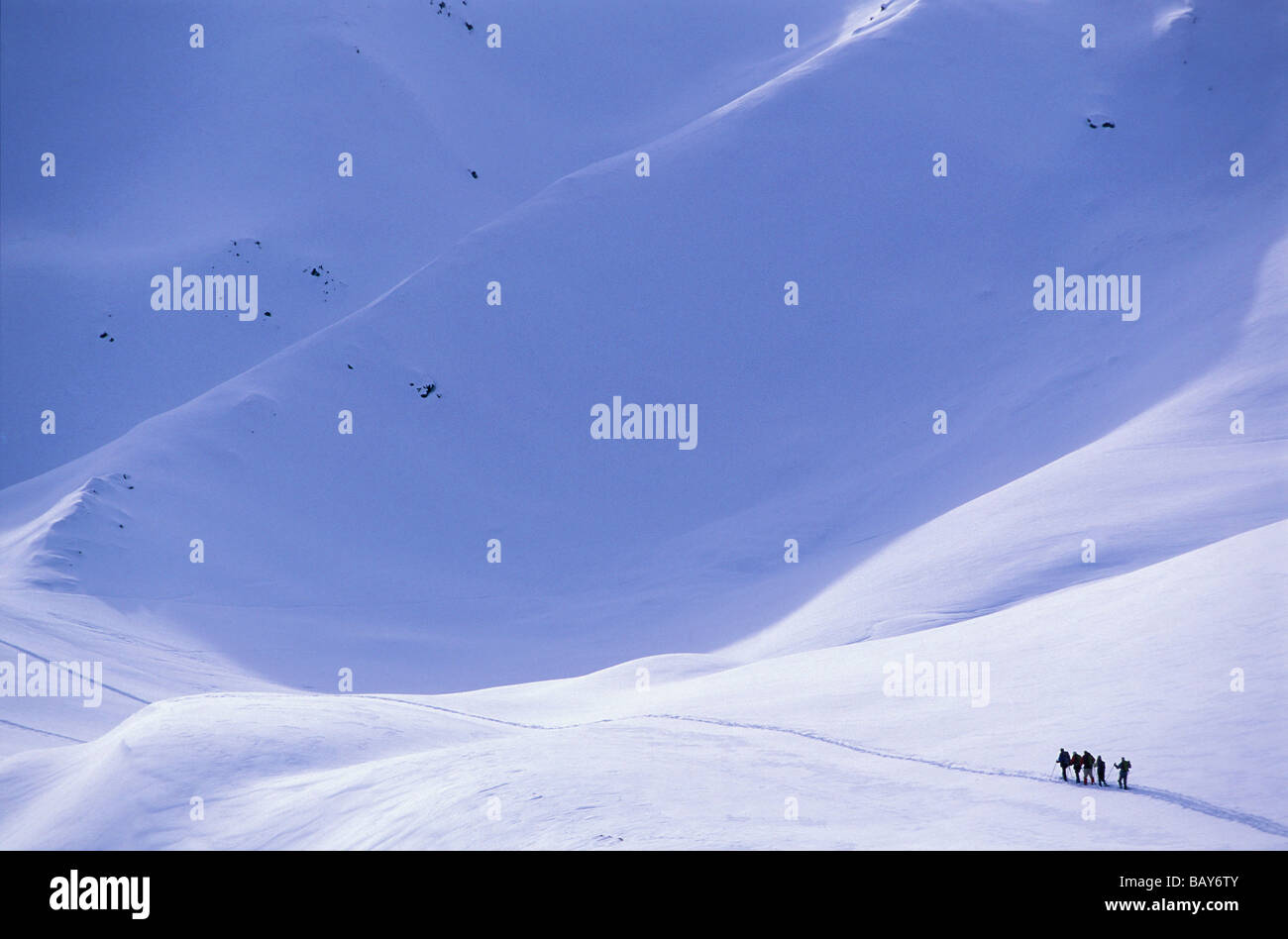 Five people snowshoeing, Schellenberg, Stubai Alps, Austria Stock Photo ...