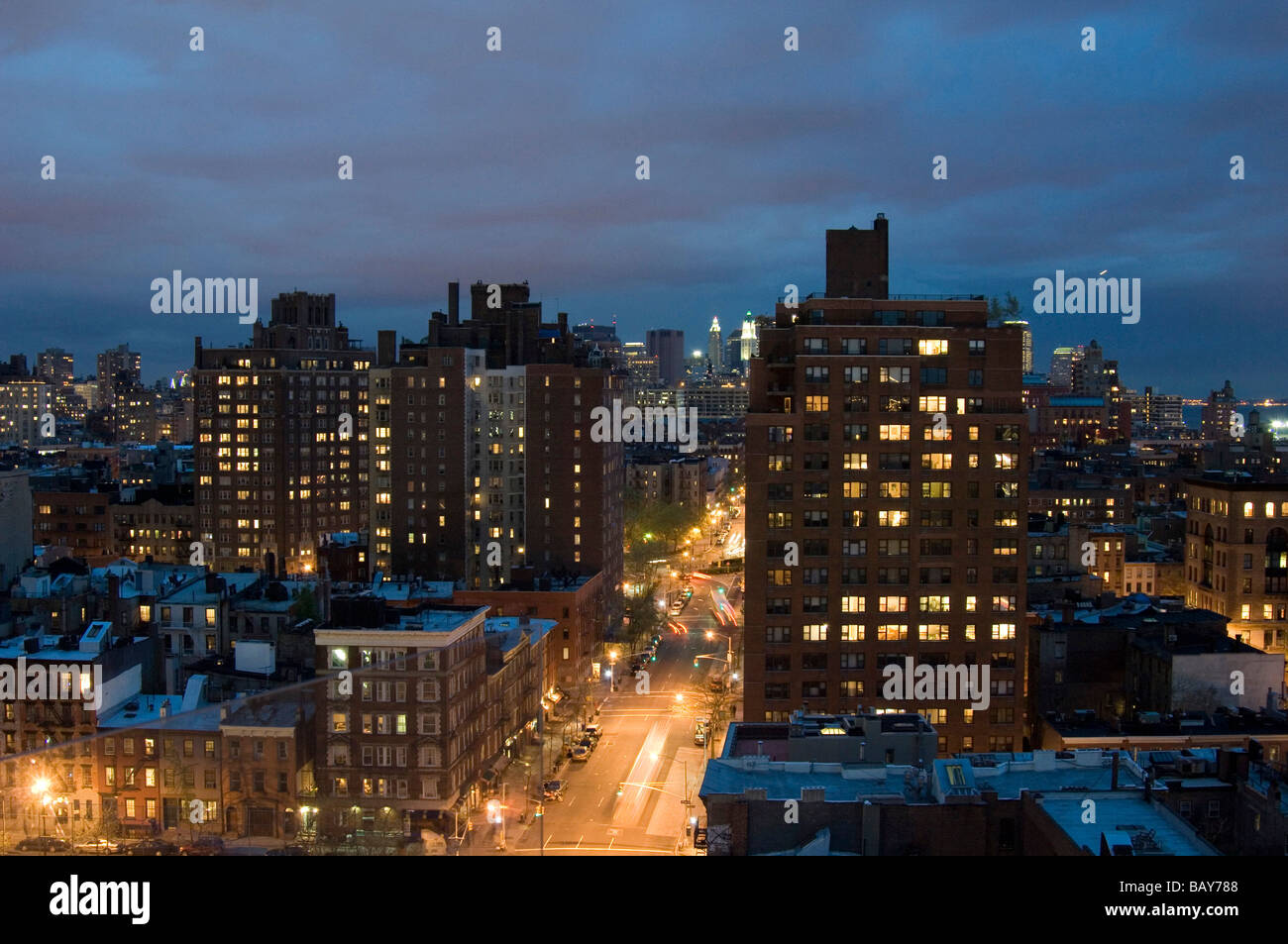 View at illuminated high rise buildings at night, Manhattan, New York ...