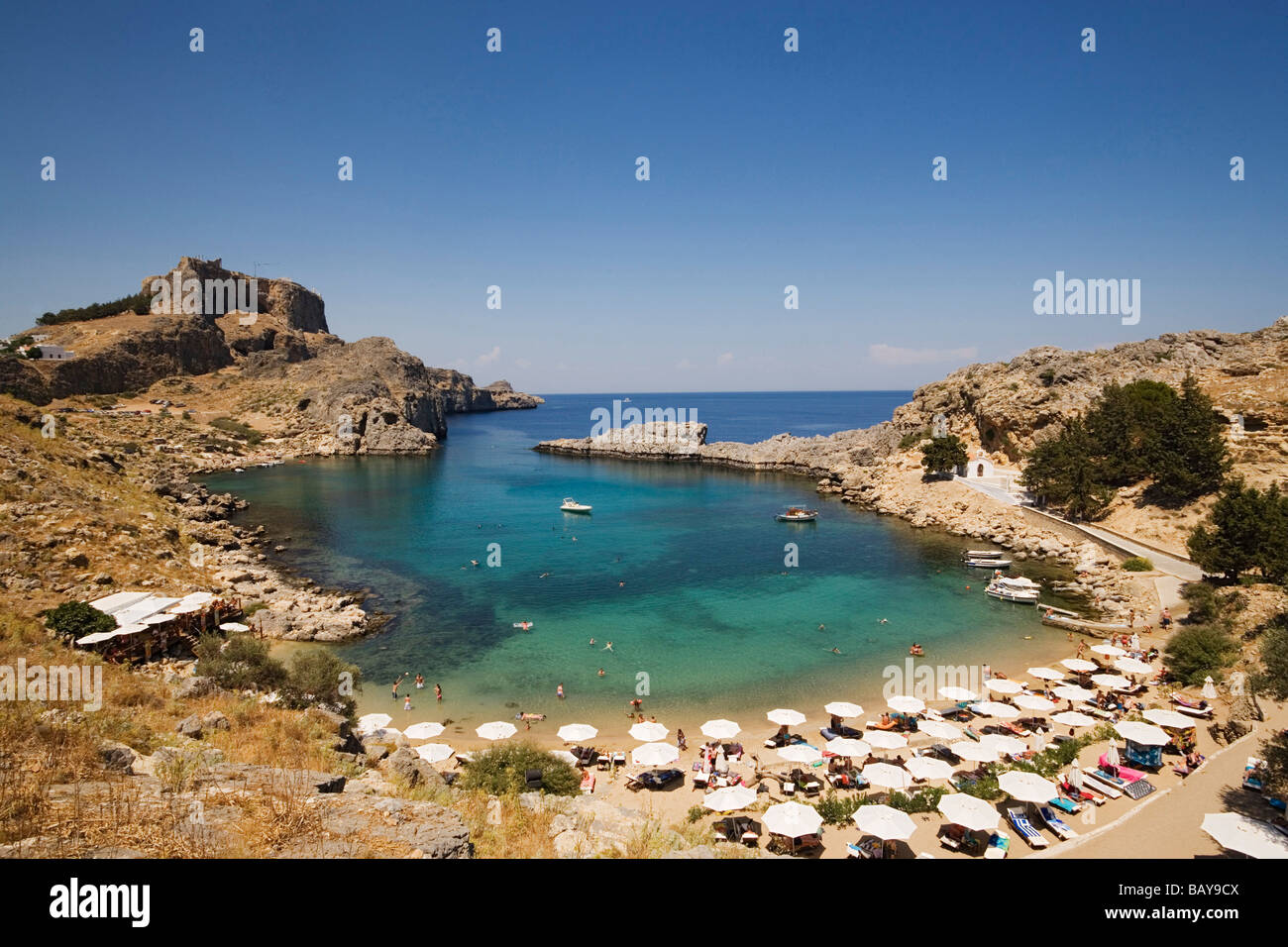Elevated view of beach at Saint Paul's Bay (Agios Pavlos), Lindos, Rhodes, Greece Stock Photo ...