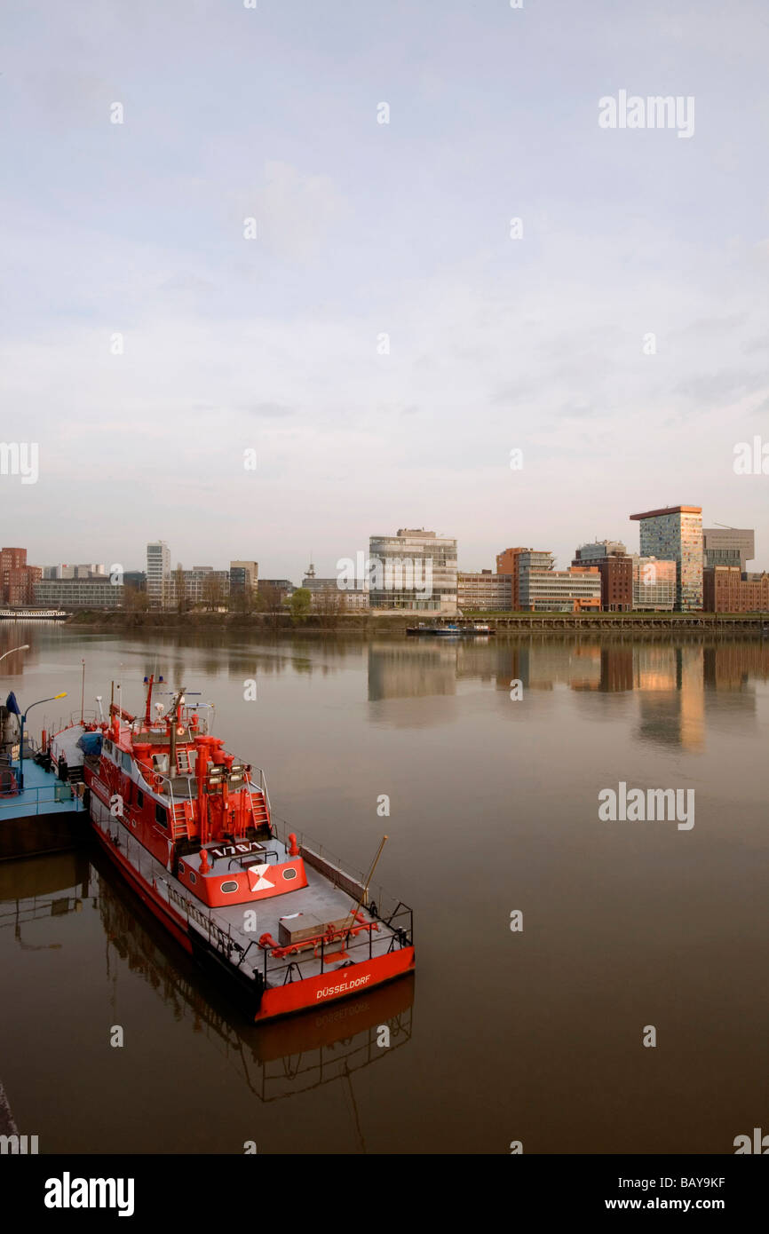 Fire department ship in front of skyline of the district of media, new ...