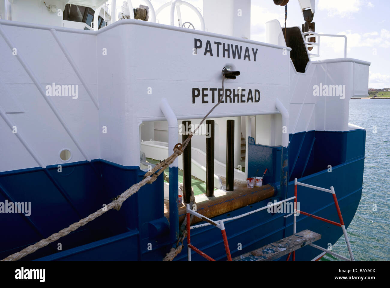 Stern of the Pathway, a boat in Peterhead harbour, North-East Scotland ...