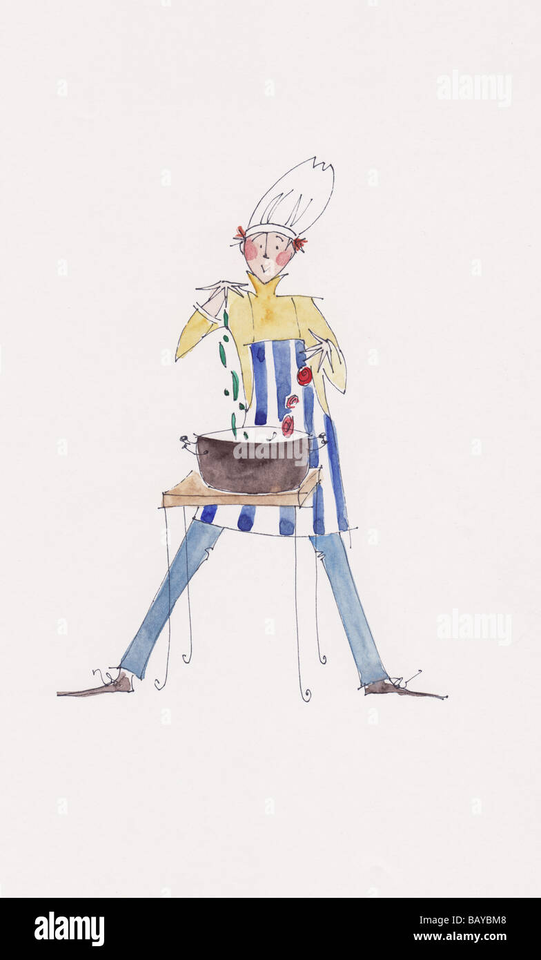 Male chef in a striped apron throwing ingredients into a large cooking ...