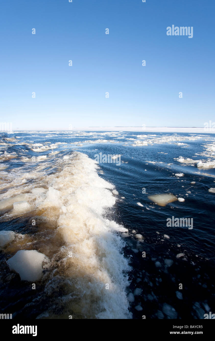 Breaking sea ice on ship's wake , Gulf of Bothnia , Finland Stock Photo ...