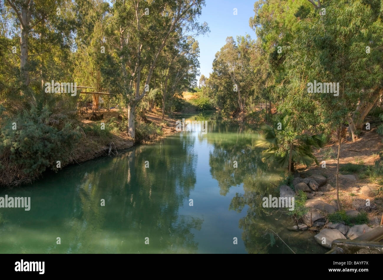 Trees reflecting in river Stock Photo - Alamy