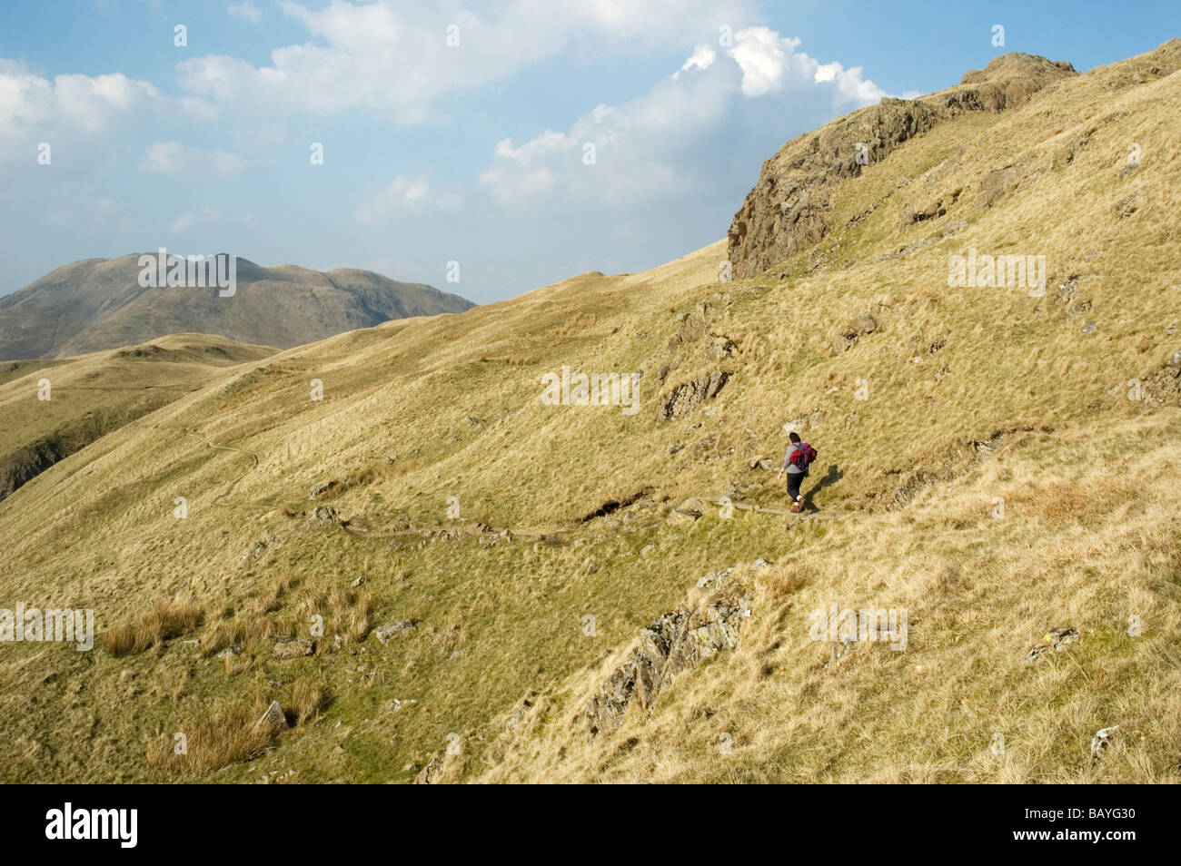 A fell walker on a path beside Angletarn Pikes in the English Lake ...