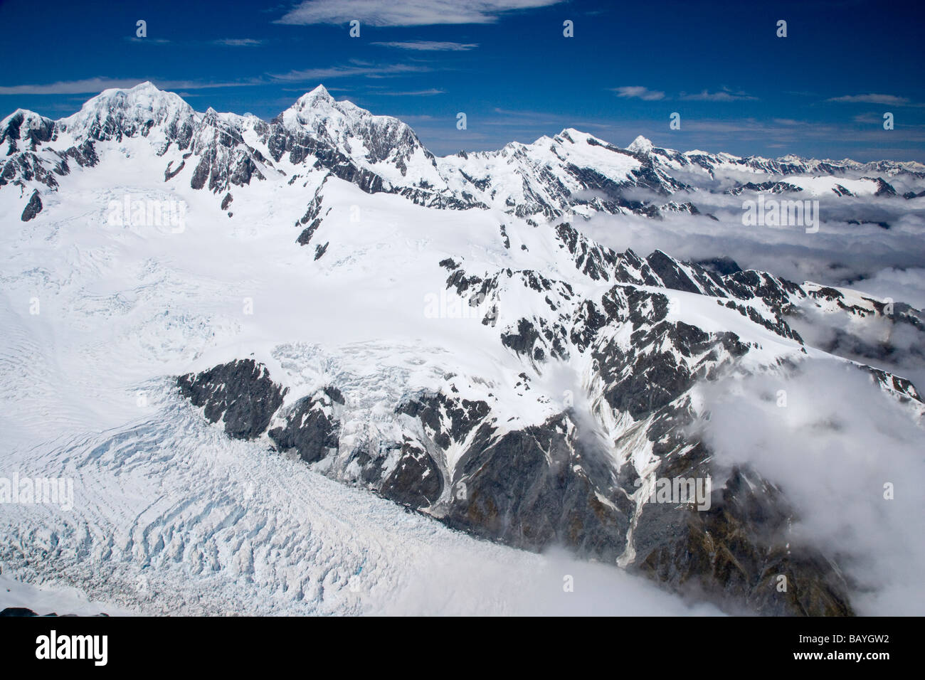Scenic aerial panorama Mt Cook glacier viewed from helicopter above ...