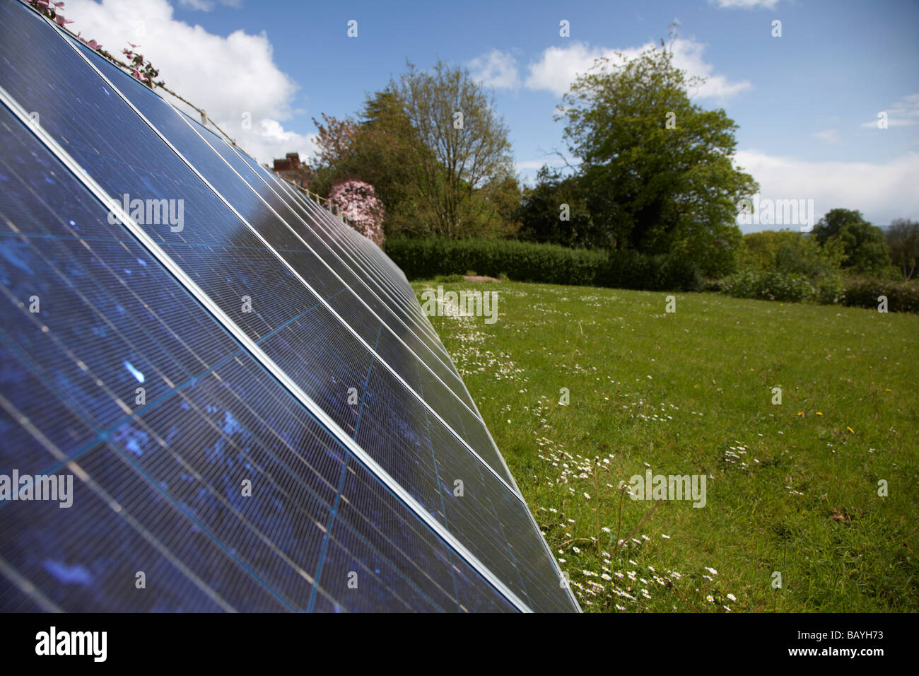sun shining down on an array of blue tinted polycrystalline silicon ...