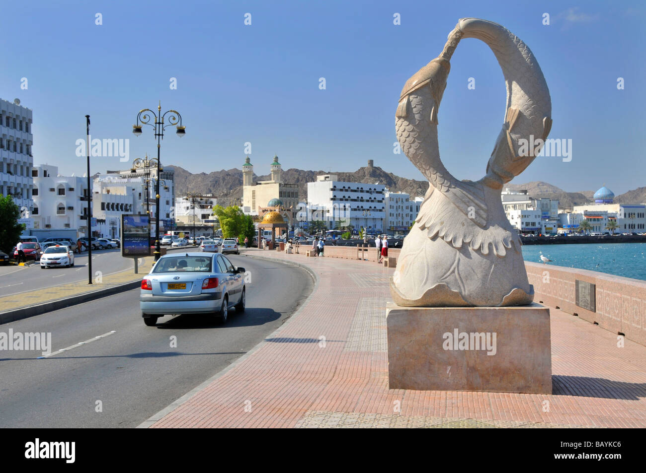 Muscat Muttrah harbour waterfront dual carriageway & promenade and ...