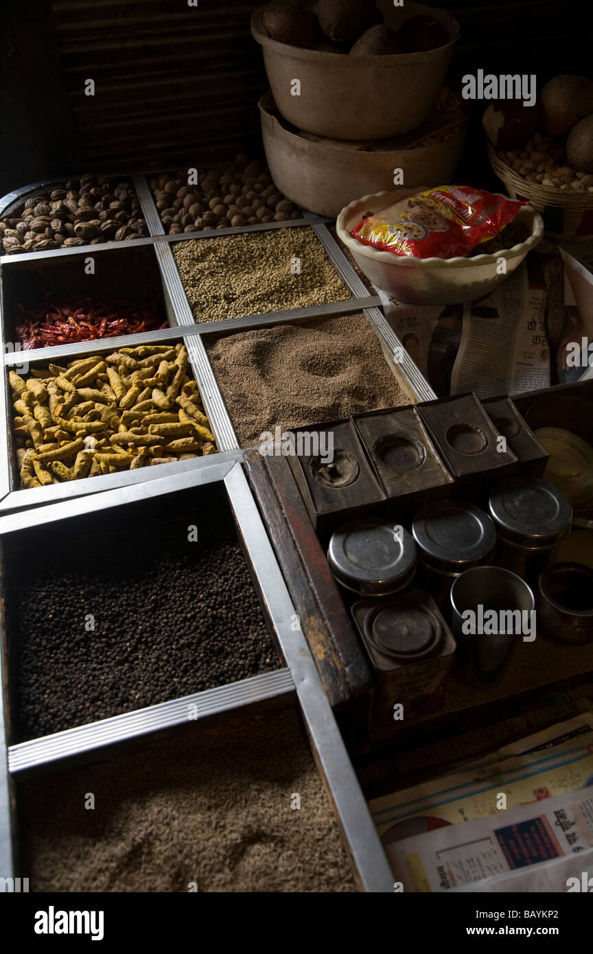 Shop display of seasonings and curry powder spices in Shimla, Himachal ...