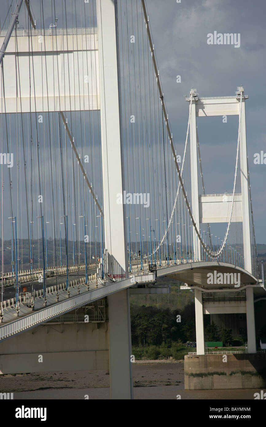 Close up view of the Severn Bridge road crossing over the River Severn ...