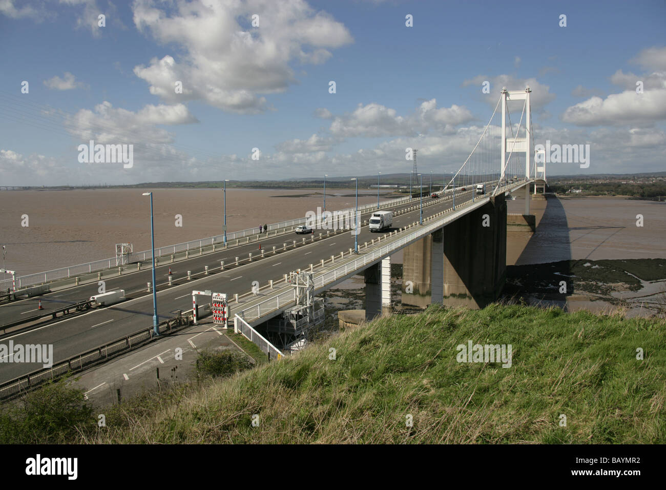 View of the Severn Bridge road crossing over the River Severn Estuary ...