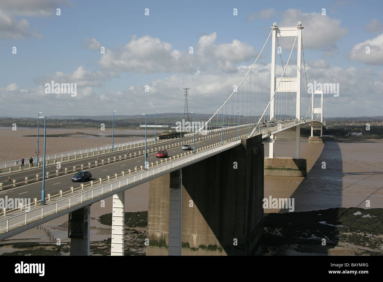 View of the Severn Bridge road crossing over the River Severn Estuary ...