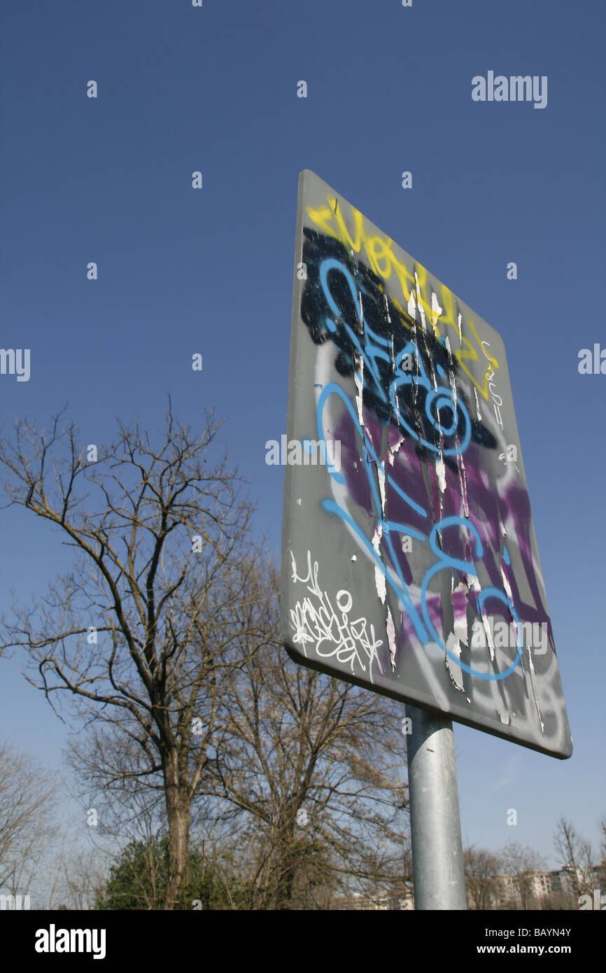 public information sign covered with graffiti in countryside Stock ...