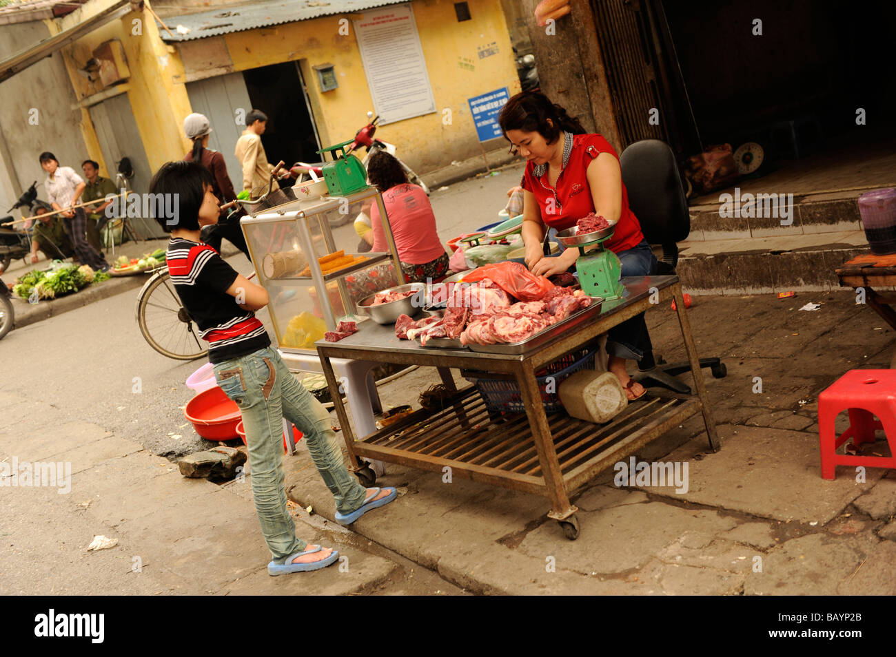 vietnamese market lady ripping porkmeat,meat market,hanoi, vietnam ...