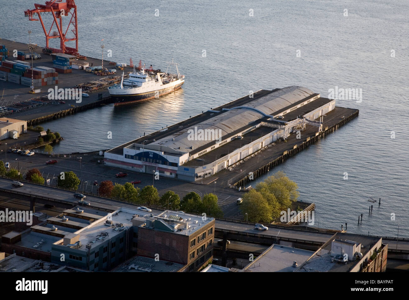 Aerial View of Pier 48 Seattle Washington at Sunset Looking East over ...
