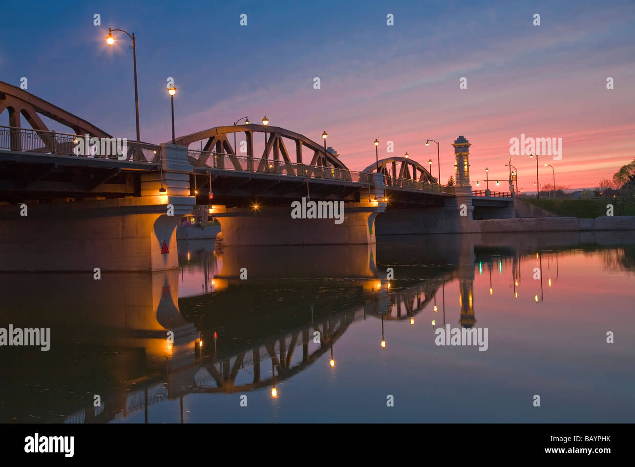 Night sunset view of bridge over Genesee River in Rochester New York ...