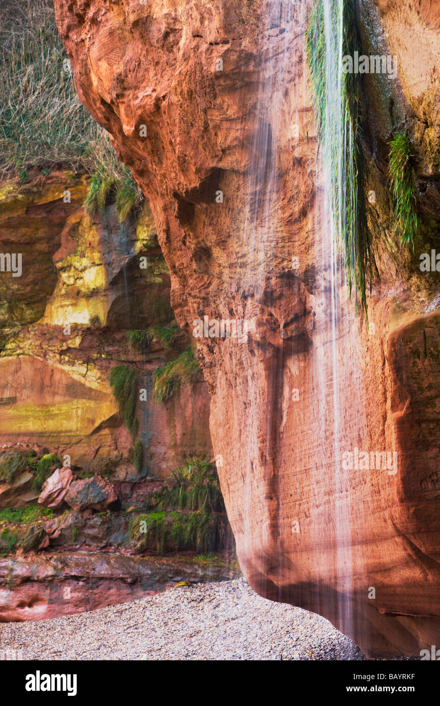 Waterfall eroding the Otterton sandstone cliffs of Ladram Bay South ...