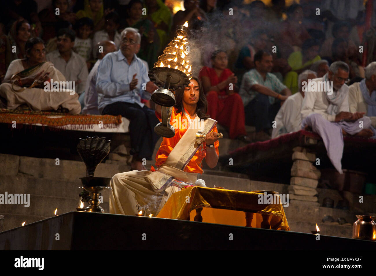 Night Puja on a Ghat in Varnasi India Stock Photo - Alamy