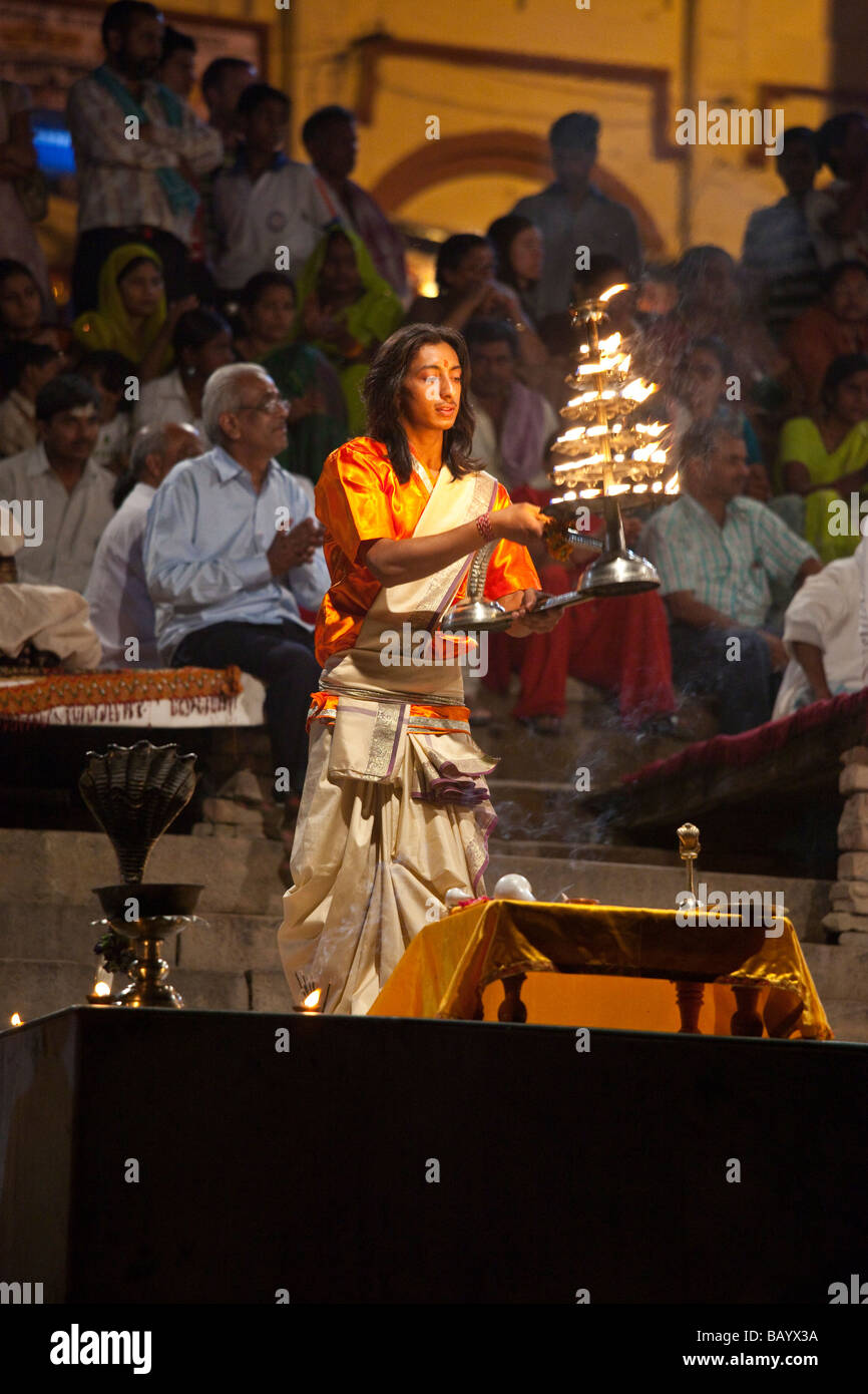 Night Puja on a Ghat in Varnasi India Stock Photo - Alamy