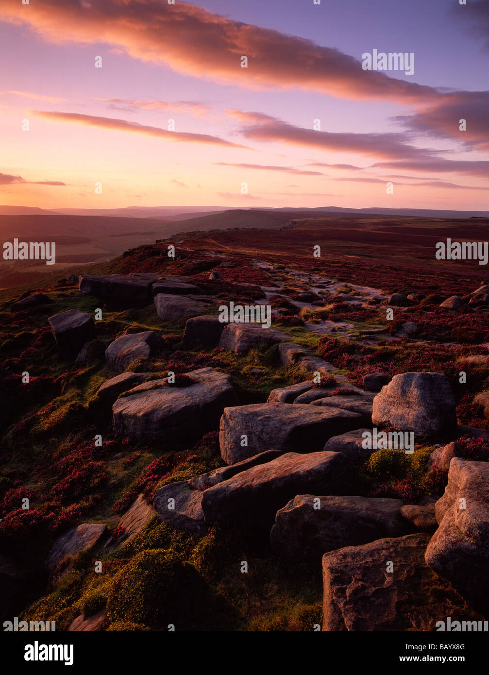 Sunset on Stanage edge in the Peak District Derbyshire Stock Photo - Alamy