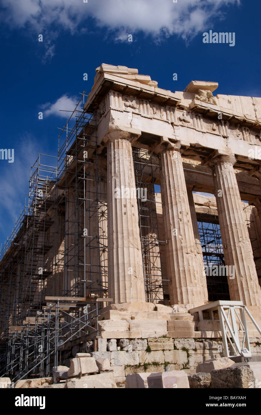 In the middle of a restoration project the Parthenon is cocooned in modern scaffolding Athens ...