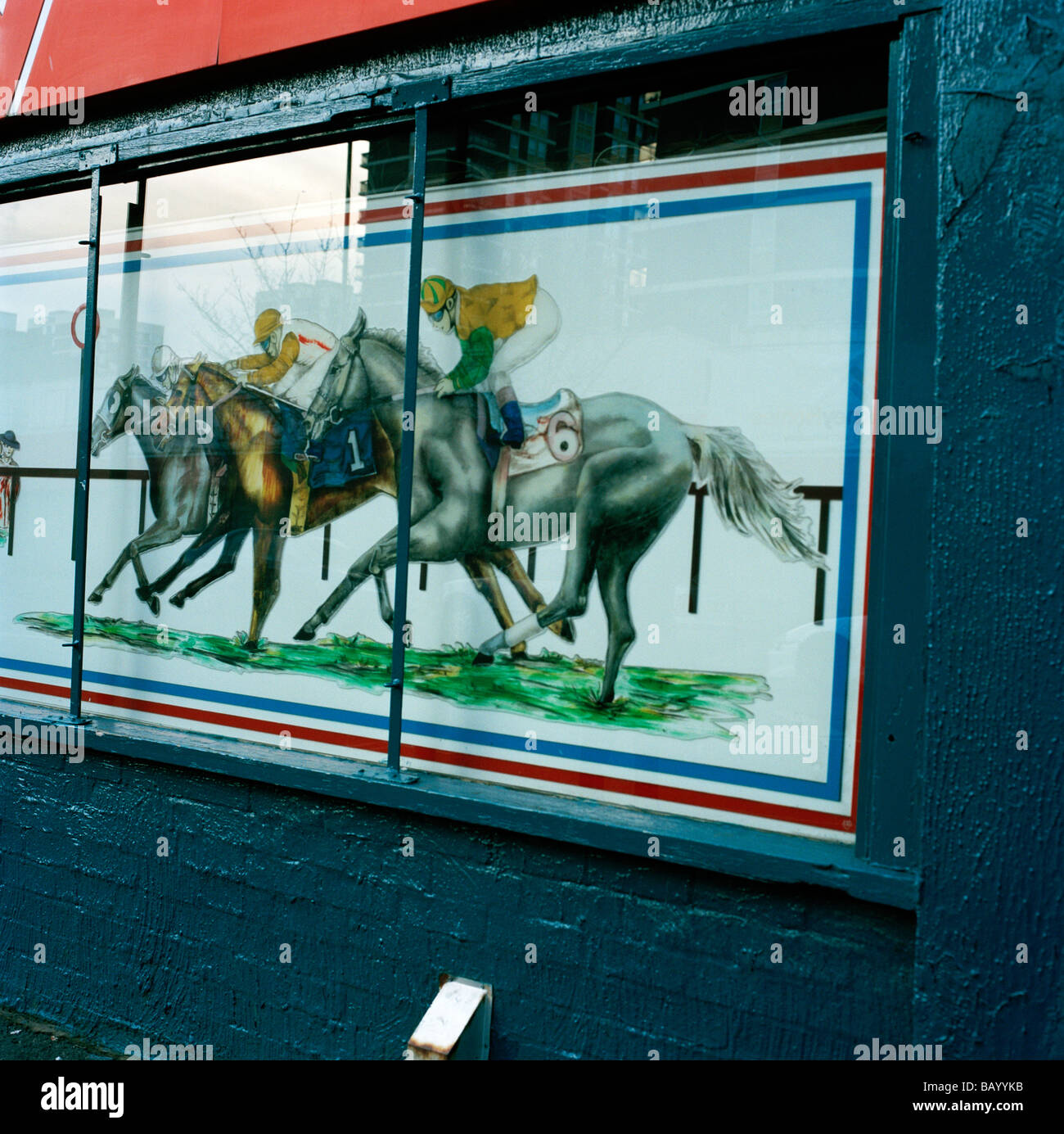 Illustration of racing horses in the window of a bookmakers in London ...