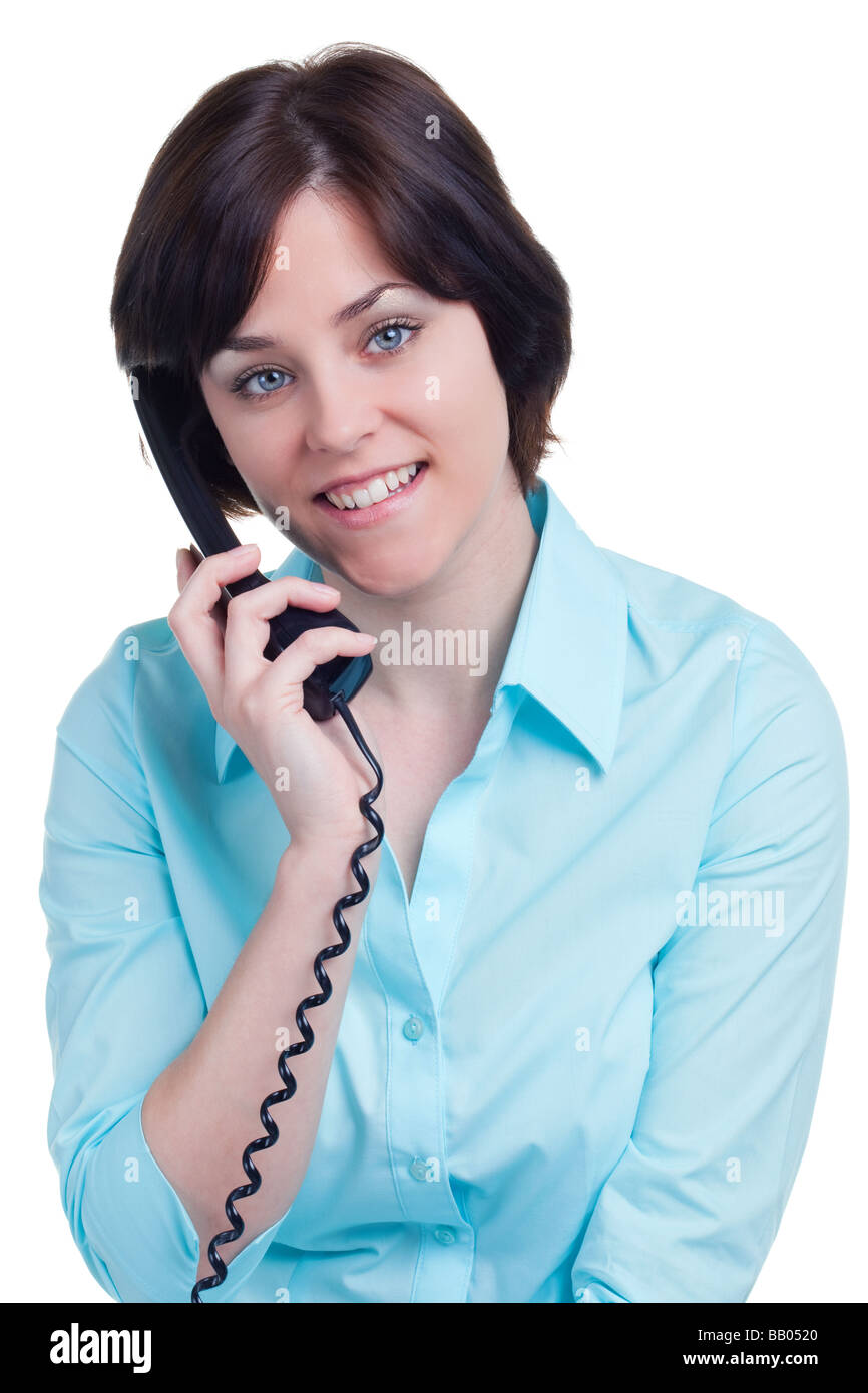 Woman talking on the telephone isolated on white background Stock Photo ...