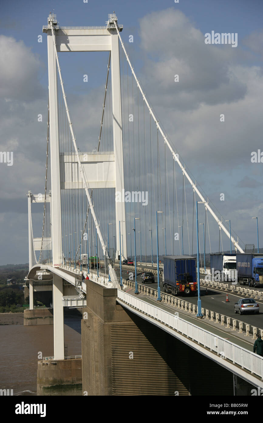 View of the Severn Bridge road crossing over the River Severn Estuary ...
