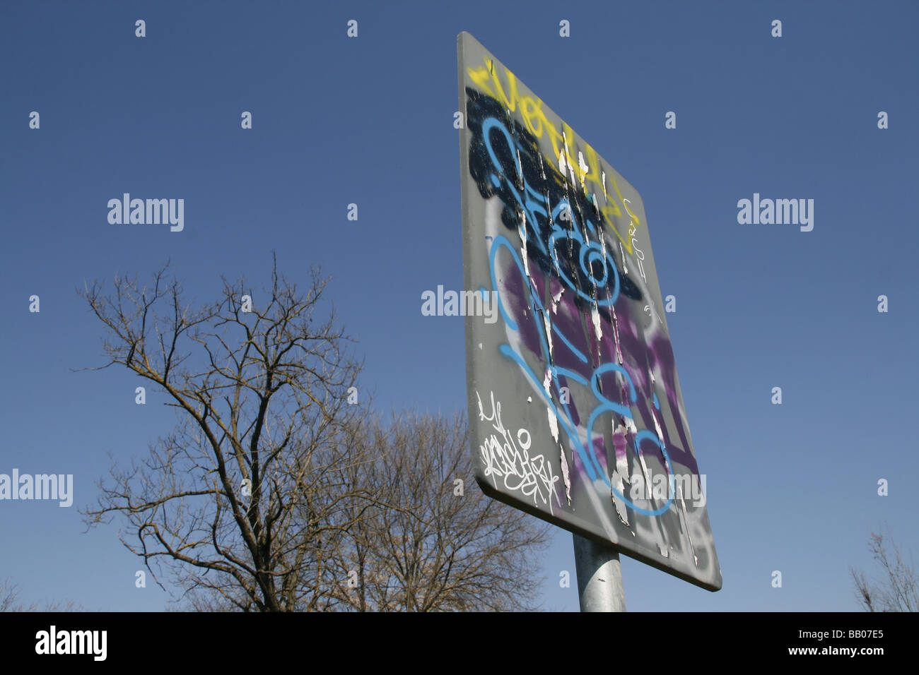 public information sign covered with graffiti in countryside Stock ...