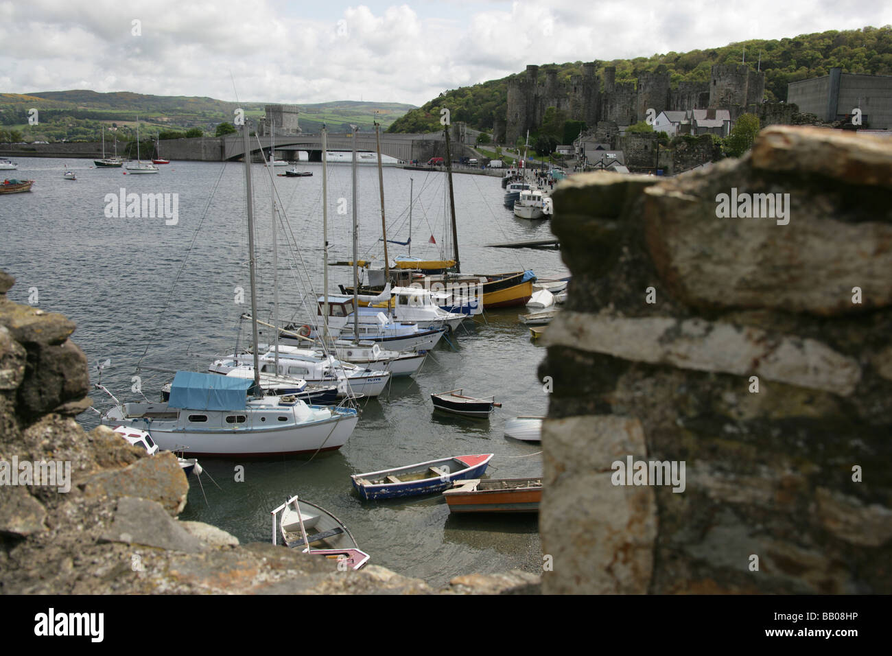 Town of Conwy, Wales. View from Conwy Town Wall of leisure and fishing ...