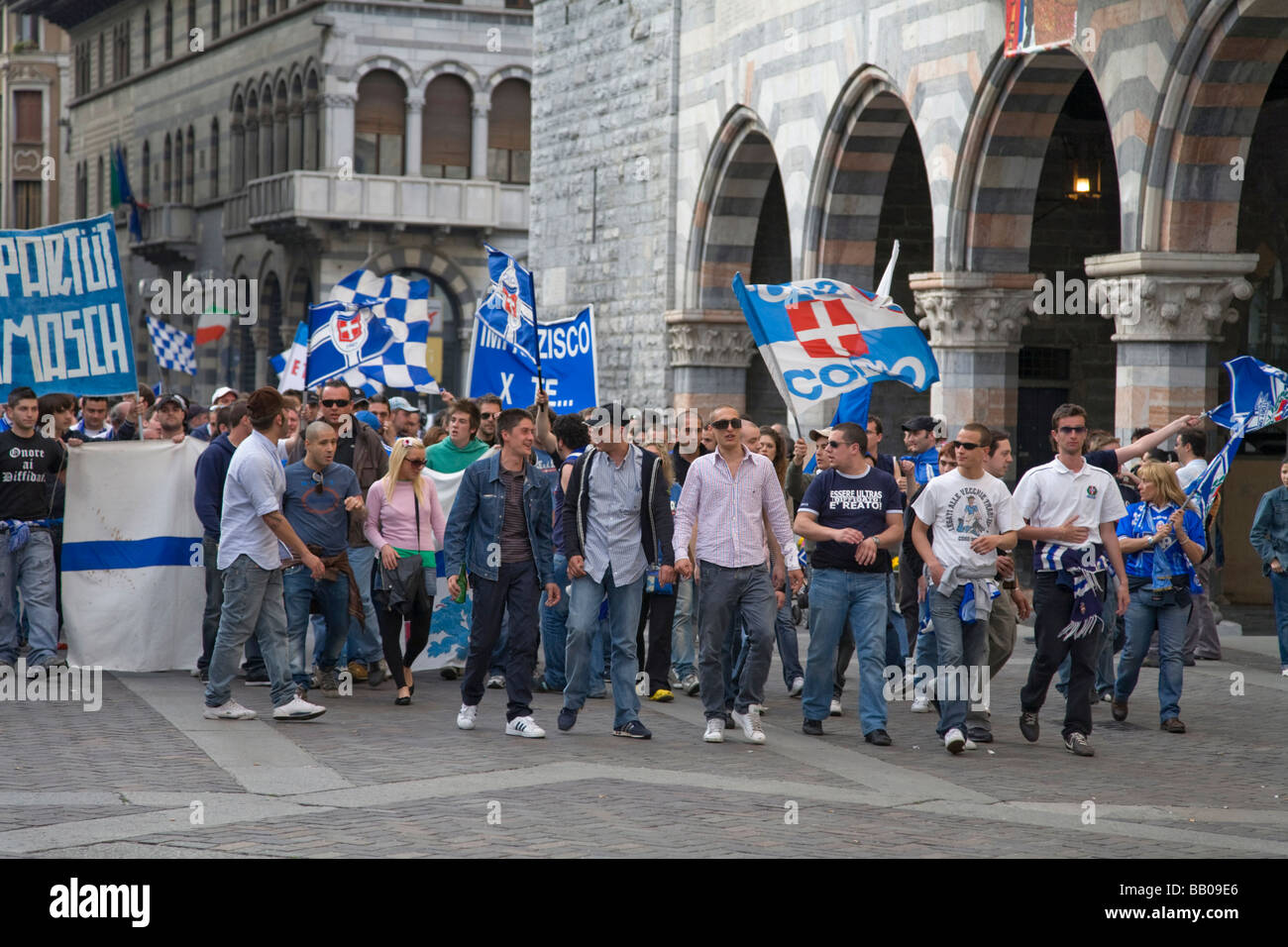 Football fans celebrate a victory on Piazza Duomo in Como Italy Stock ...