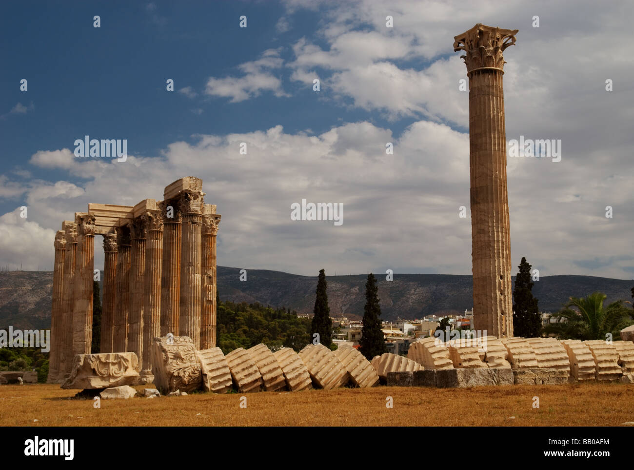 A column that has fallen laying in front of the standing columns of the ...