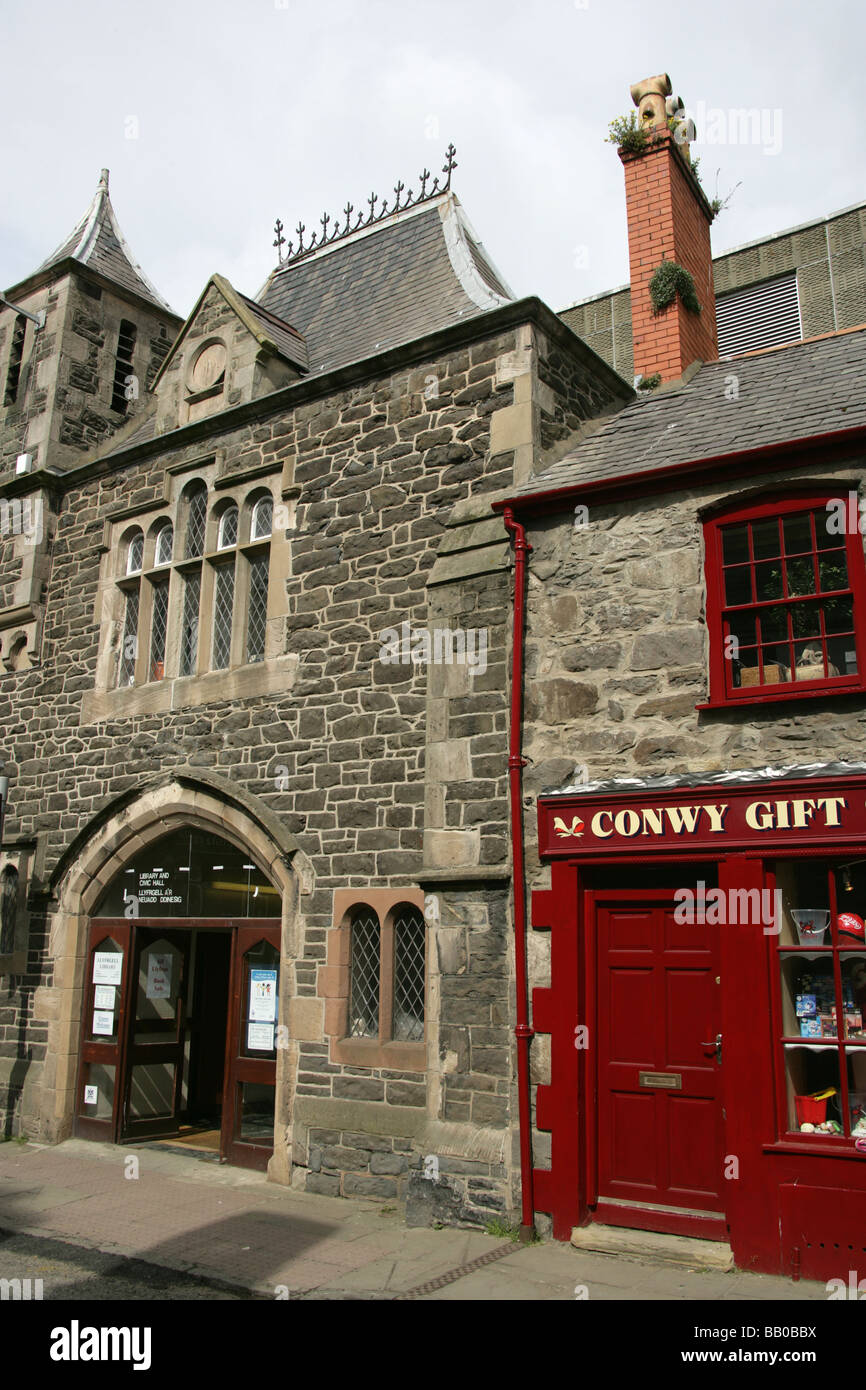 Town of Conwy, Wales. Main entrance to Conwy’s Civic Hall and Library ...