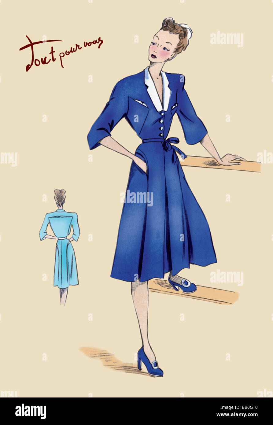 Blue Daytime Dress with Collar and Belt Stock Photo - Alamy