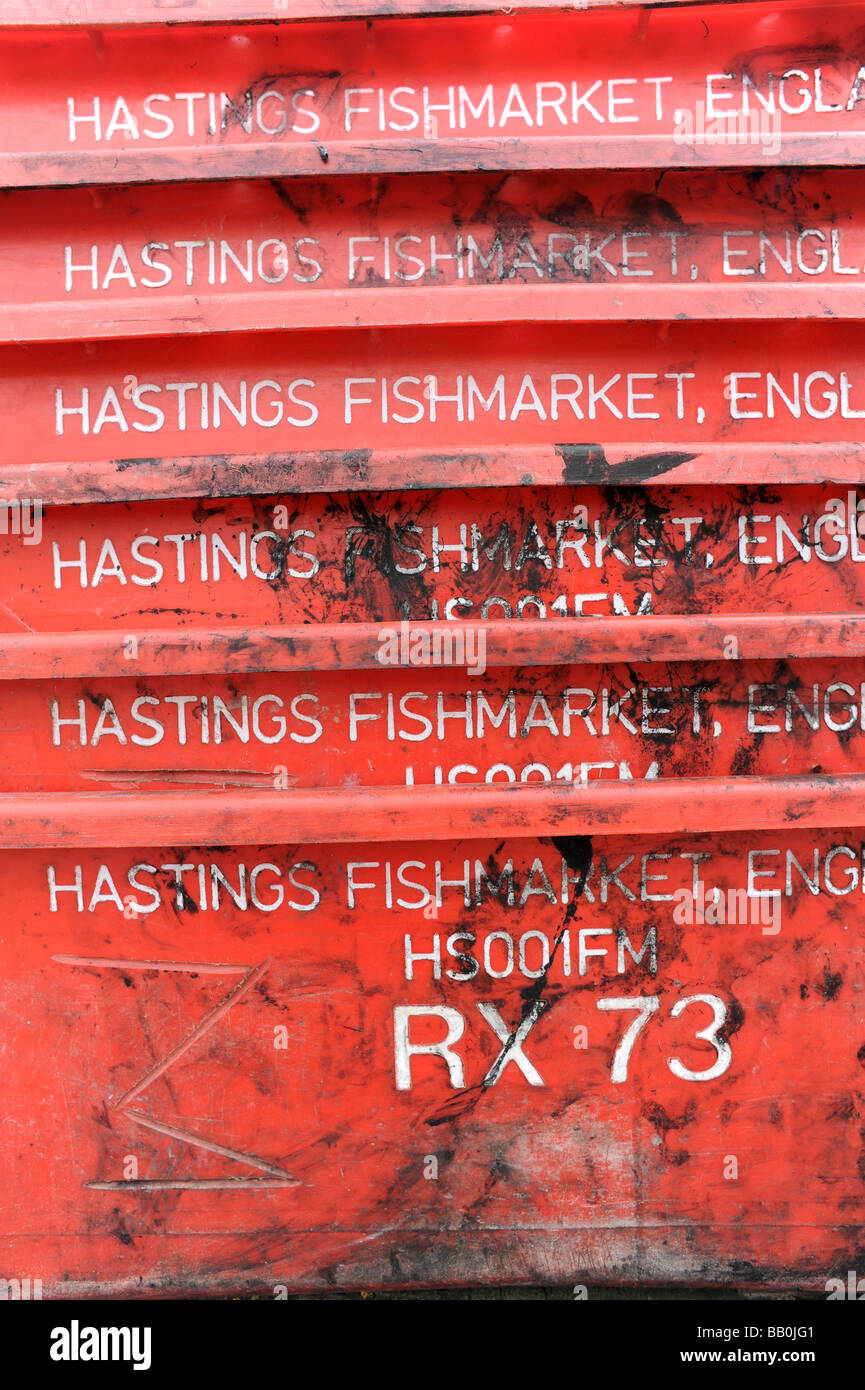 Lobster pots, fishing nets and ice boxes at Hastings, East Sussex, UK ...