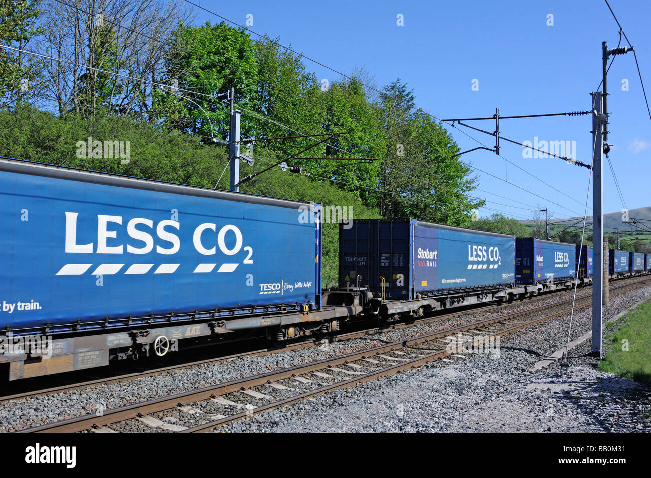 Stobart Rail Tesco freight train at speed. West Coast main line ...
