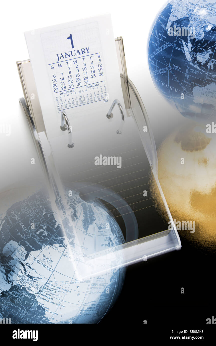 Desk Calendar and Globes Stock Photo - Alamy