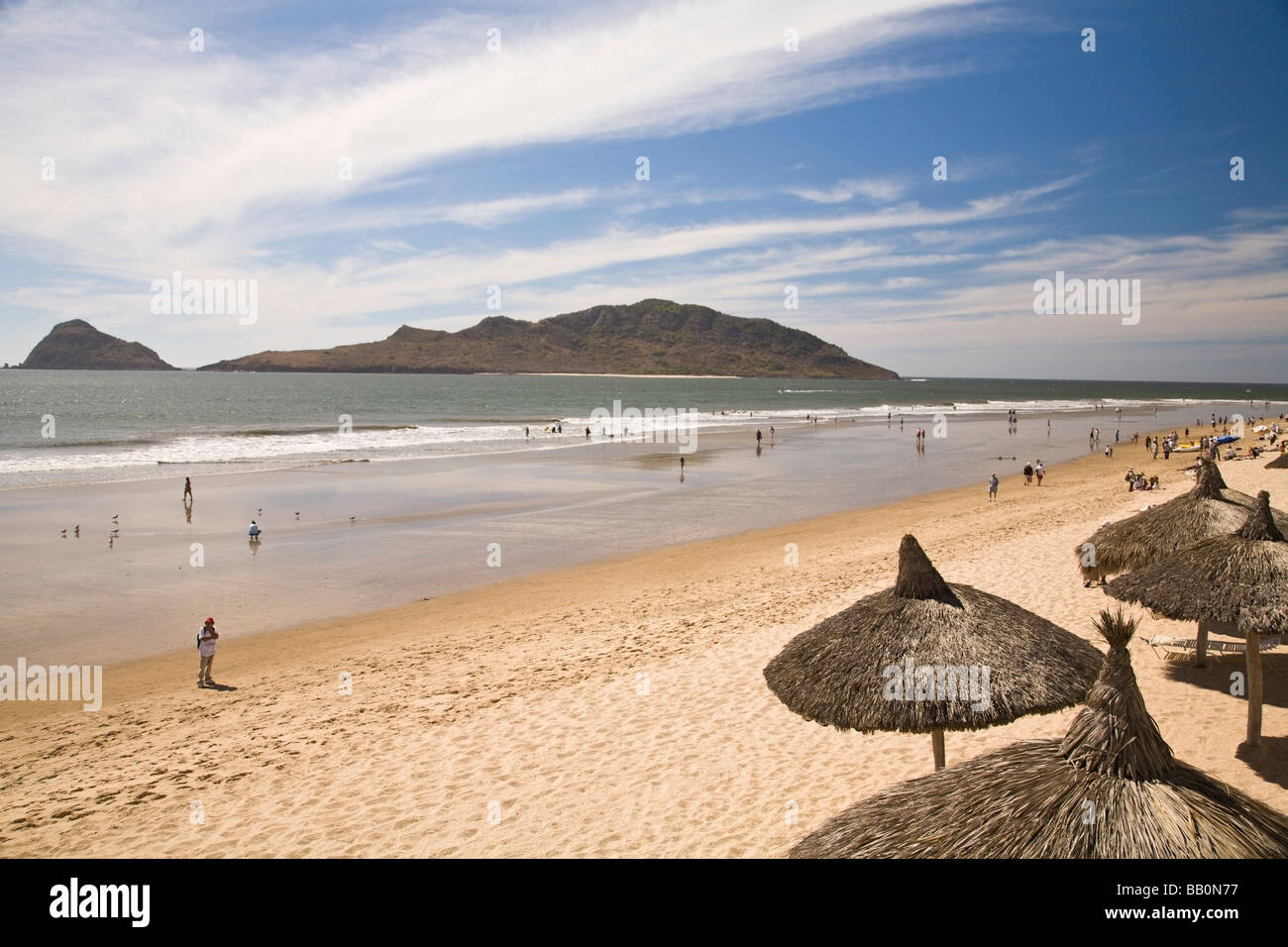 High angle view of sandy beach with holidaymakers; Mazatlan, Sinaloa ...