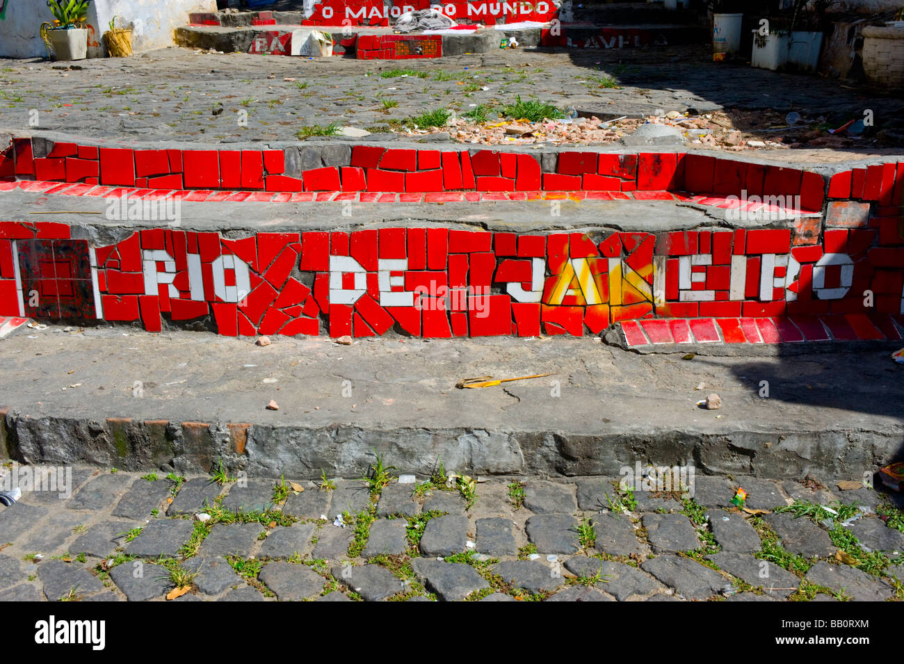 Details of the tiles of the Escadaria Selaron stairs in Rio de Janeiro ...