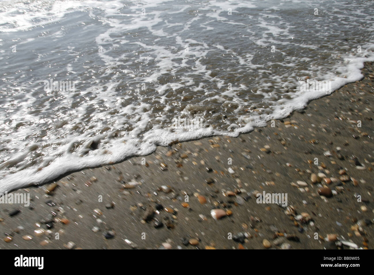 fast flowing ocean wave and sea shells and pebbles washed up on sandy ...