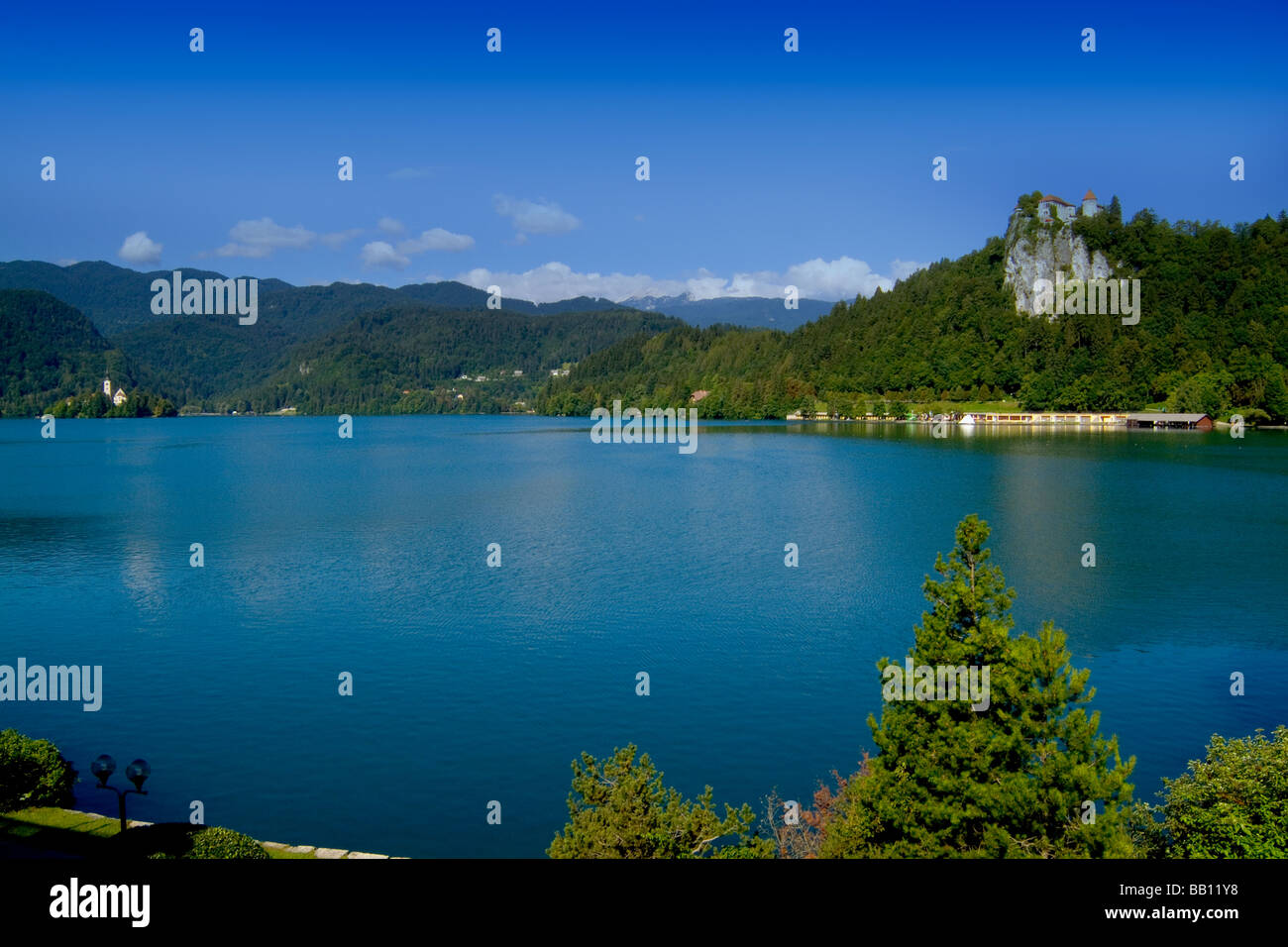 Slovenia Lake Bled Famous Castle and Small boat in resort town of Bled ...