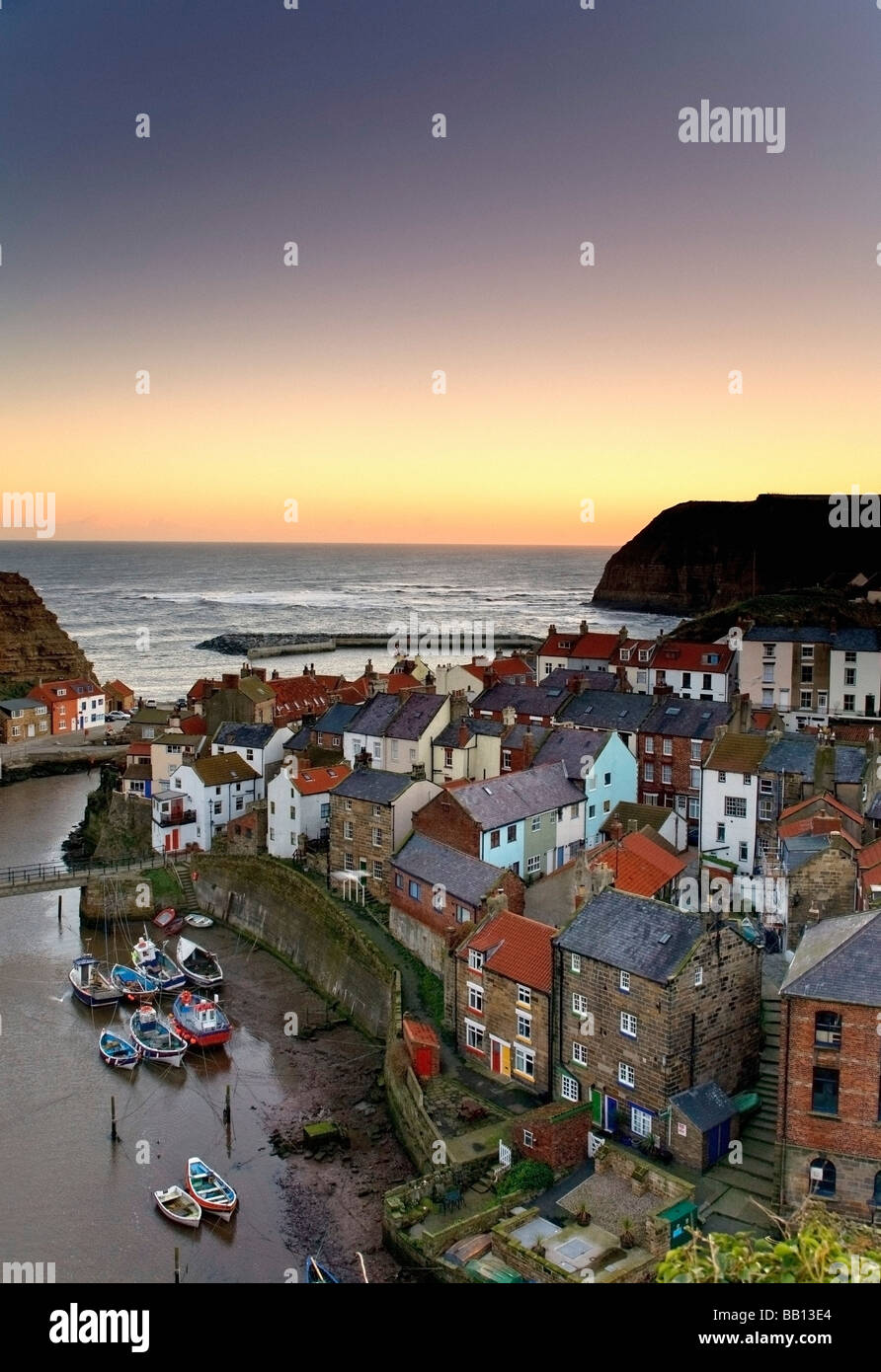 High angle view of Staithes townscape; North Yorkshire, England, UK ...