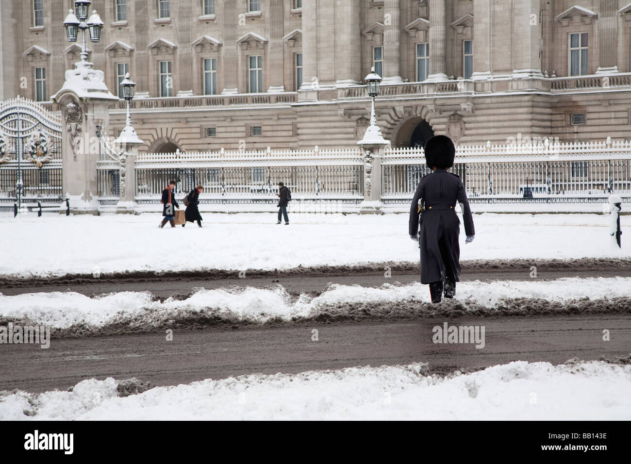 Queen's Guard crossing snow covered road in front of Buckingham Palace ...