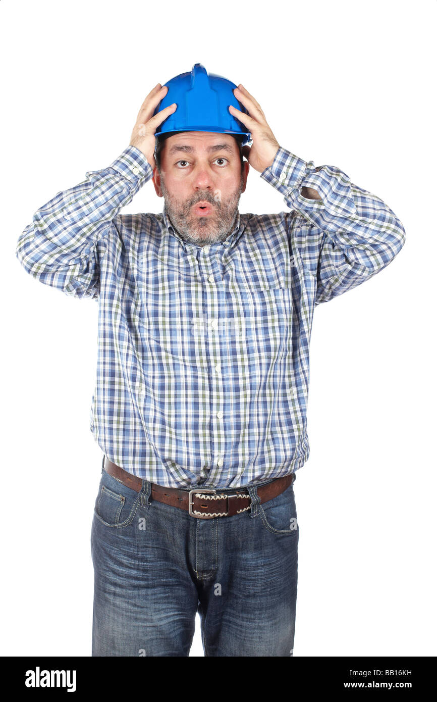 Surprised construction worker isolated on a white background Stock ...