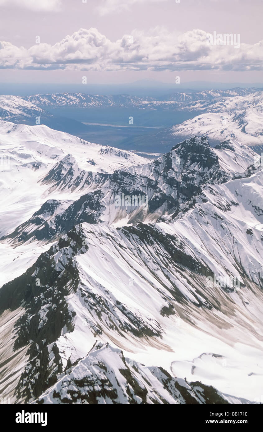 Aerial of mountains snow and glaciers in Denali National Park in Alaska ...